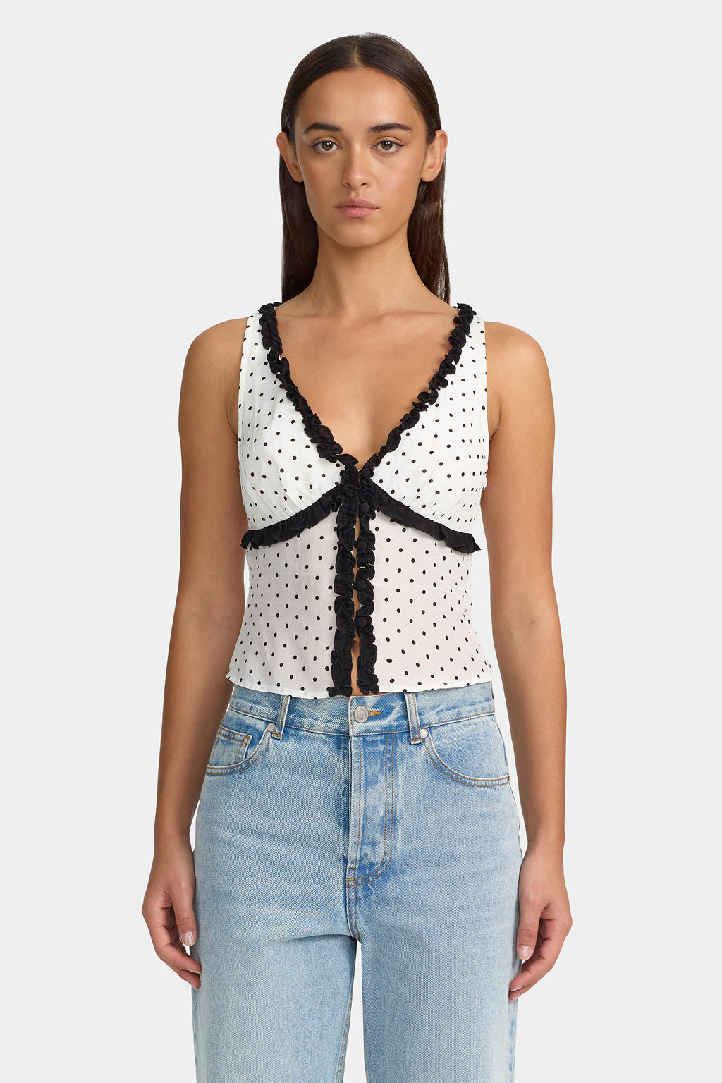 Sally Ruffle Cami Polka Print – OWNLEY ONLINE